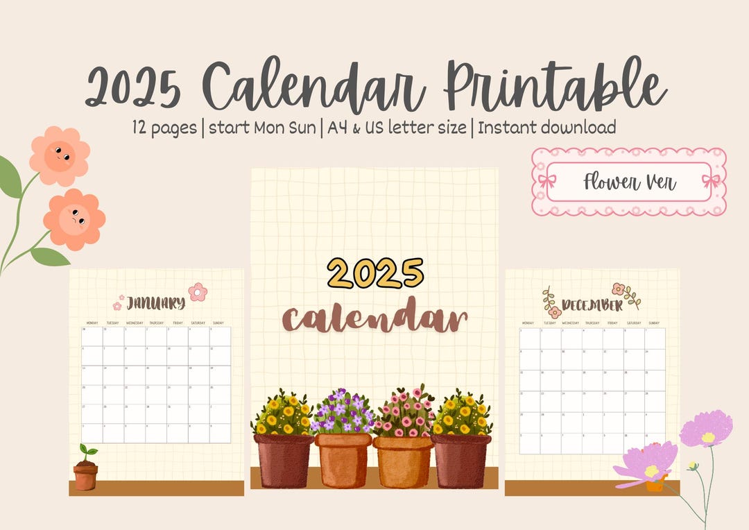 Flower Themed Calendar 2025 Printable, Kids Calendar 2025,printable ...