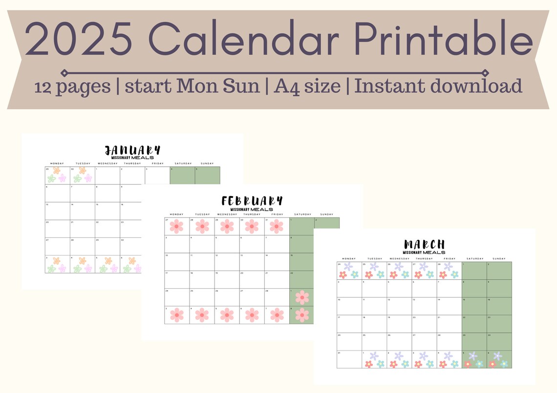 Missionary Meals Calendar Sign up 2025 Monthly Calendars, Digital ...