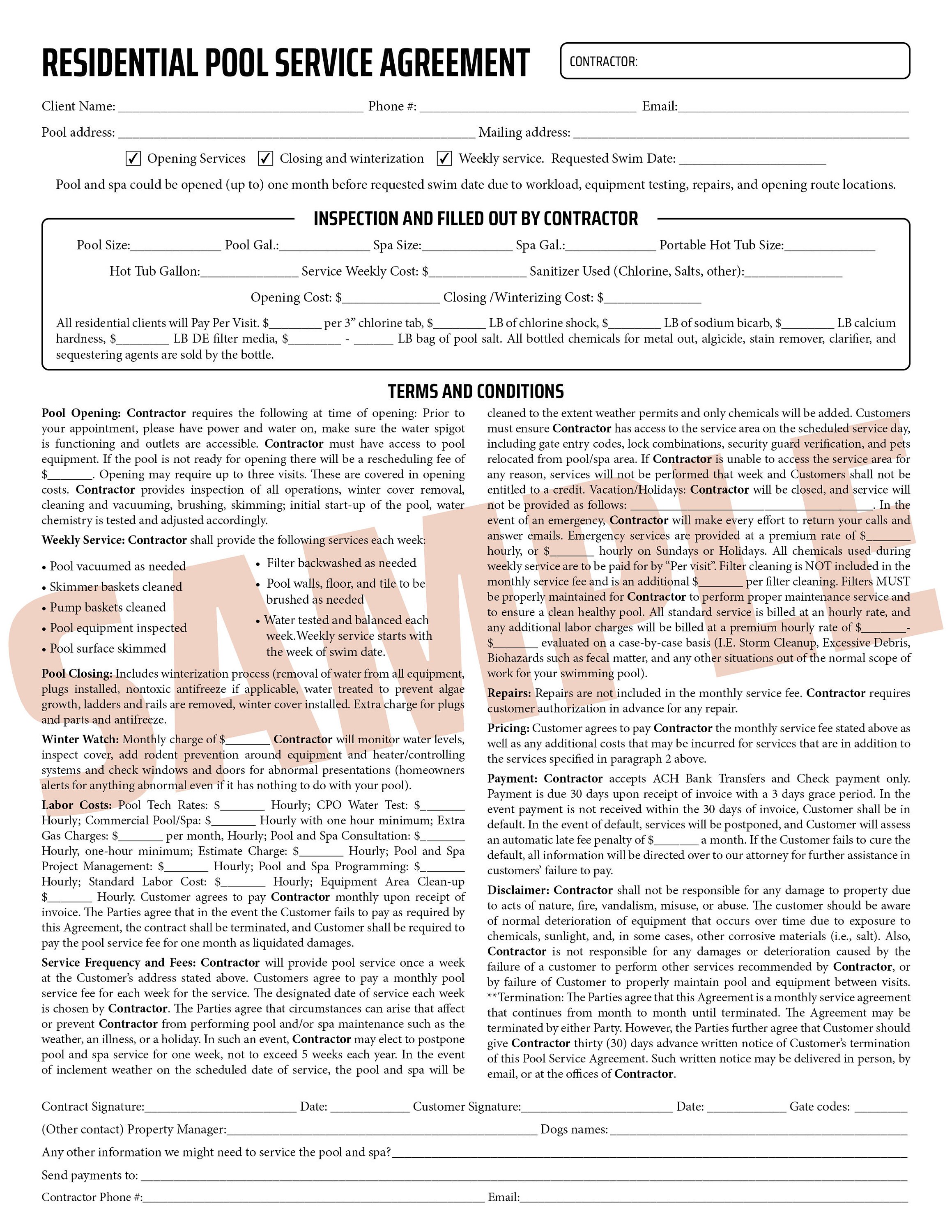 Fillable PDF Pool Service Agreement - Residential & Commercial - Etsy