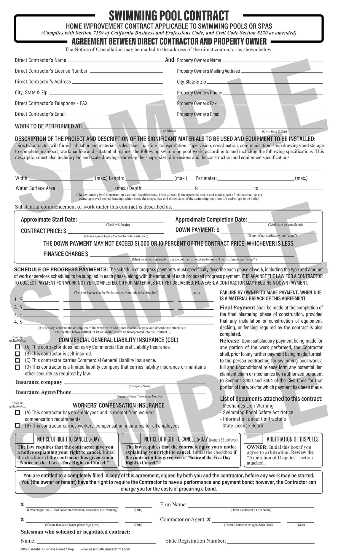 Fillable PDF Swimming Pool Construction Contract Pack for Remodeling ...