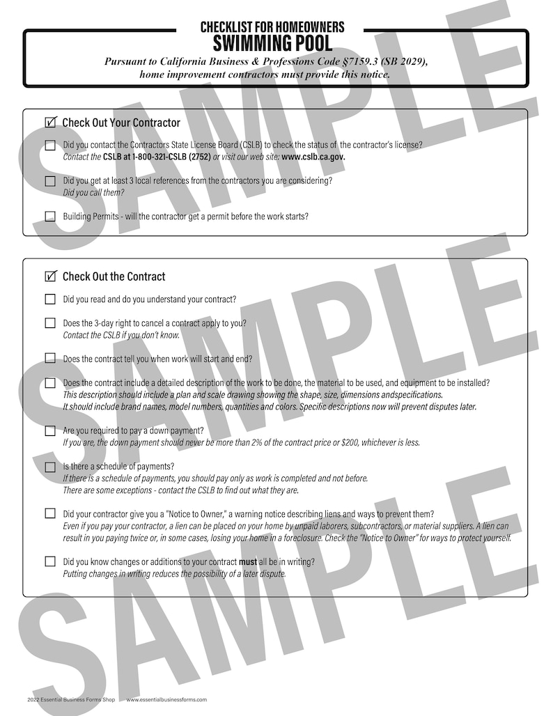 Fillable PDF Swimming Pool Construction Contract Pack for Remodeling ...