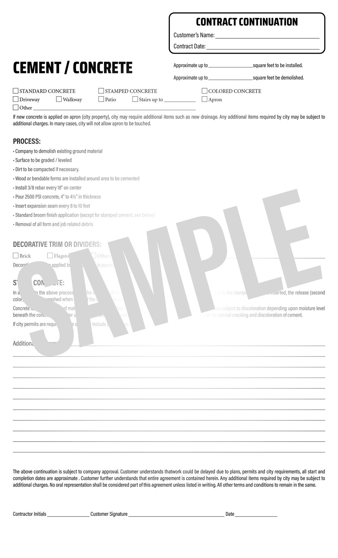 CEMENT/CONCRETE Addendum Contract Form - Carbonless NCR Paper for Home ...