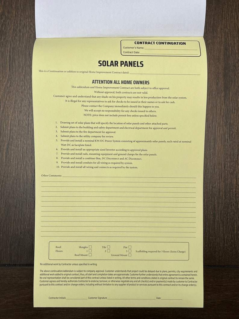 SOLAR PANELS Addendum - NCR Form (pack of 10) - Etsy