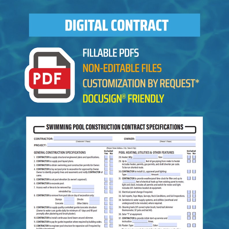 Fillable PDF Swimming Pool Construction Contract Specifications for ...