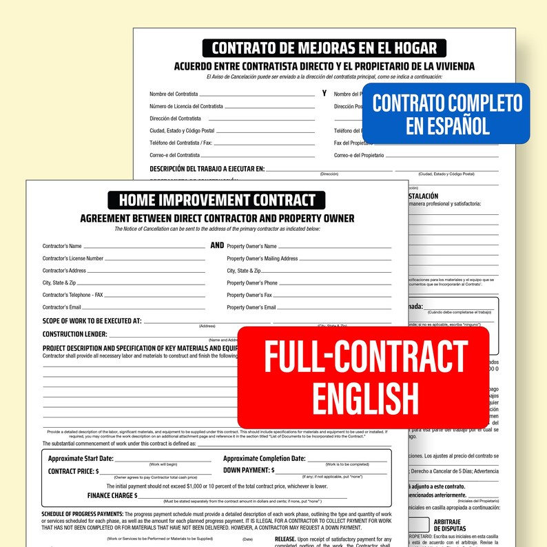 Fillable PDF Home Improvement Contract (california) English & Spanish ...