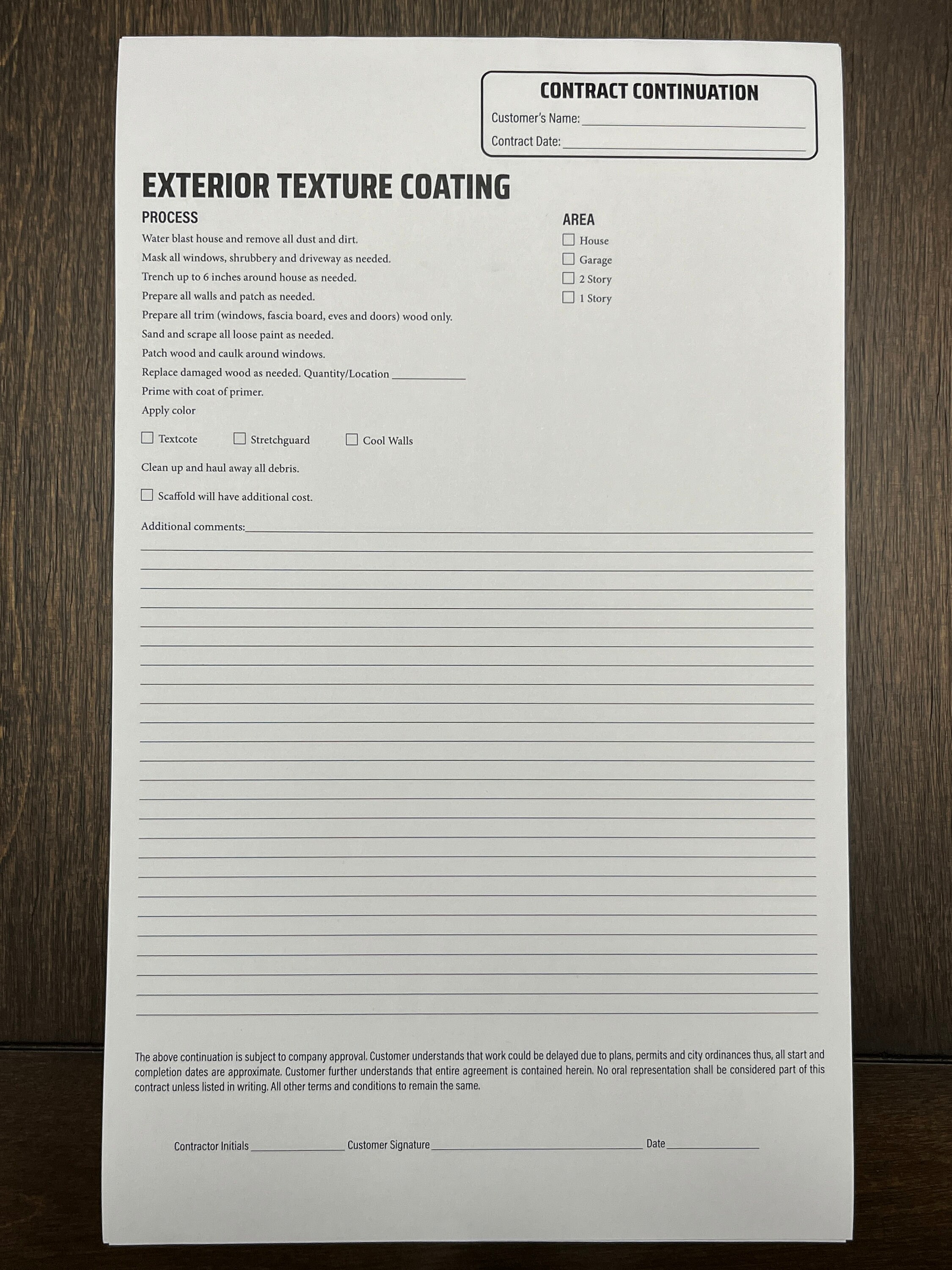 Exterior Texture Coating Addendum Contract Form - Carbonless NCR Paper ...