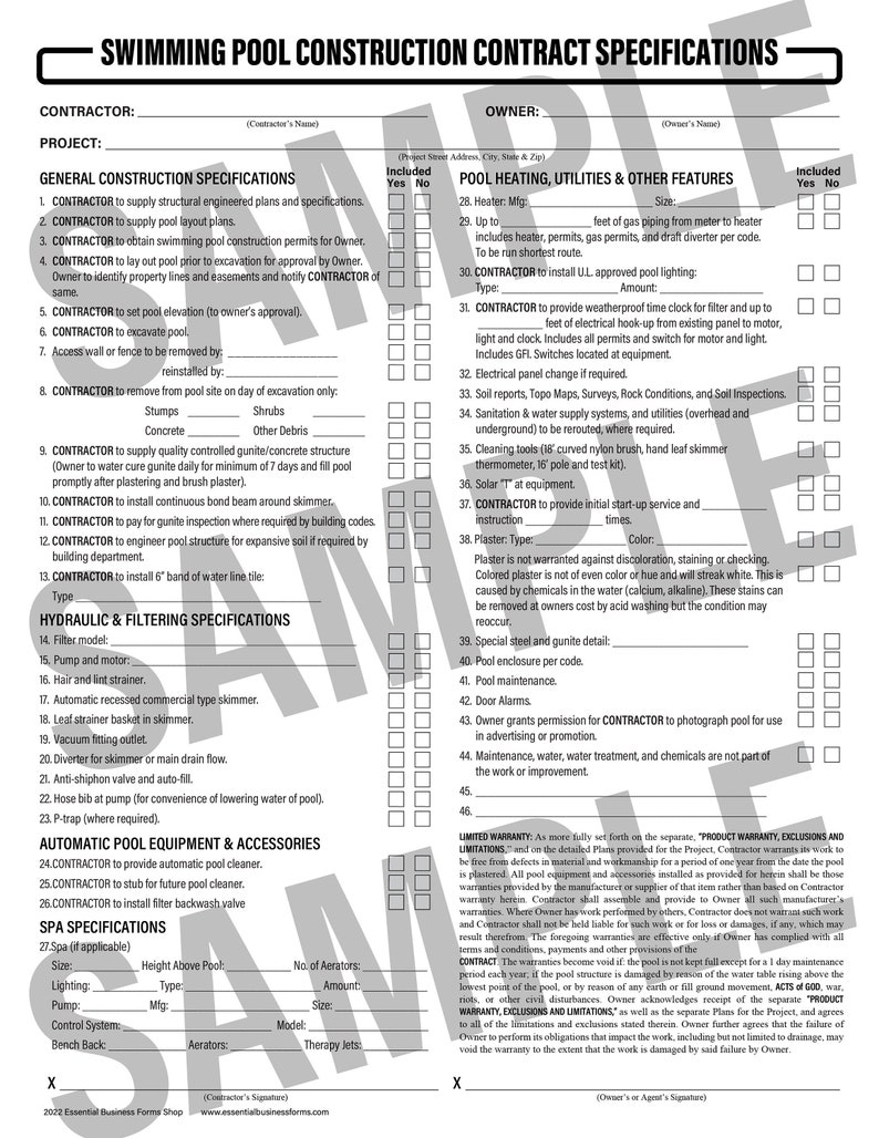 Fillable PDF Swimming Pool Construction Contract Specifications for ...