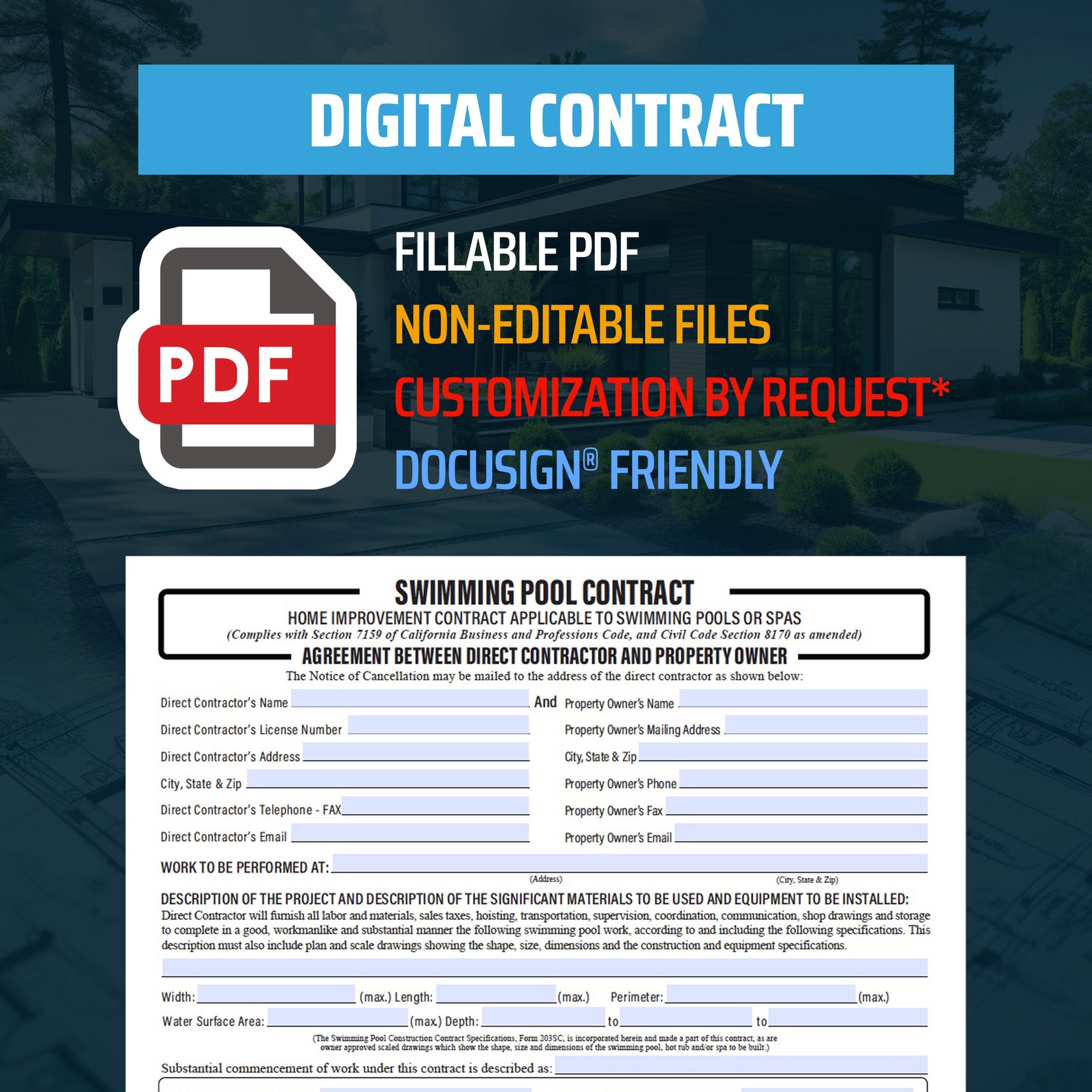 Fillable PDF Swimming Pool Construction Contract Pack for Remodeling ...