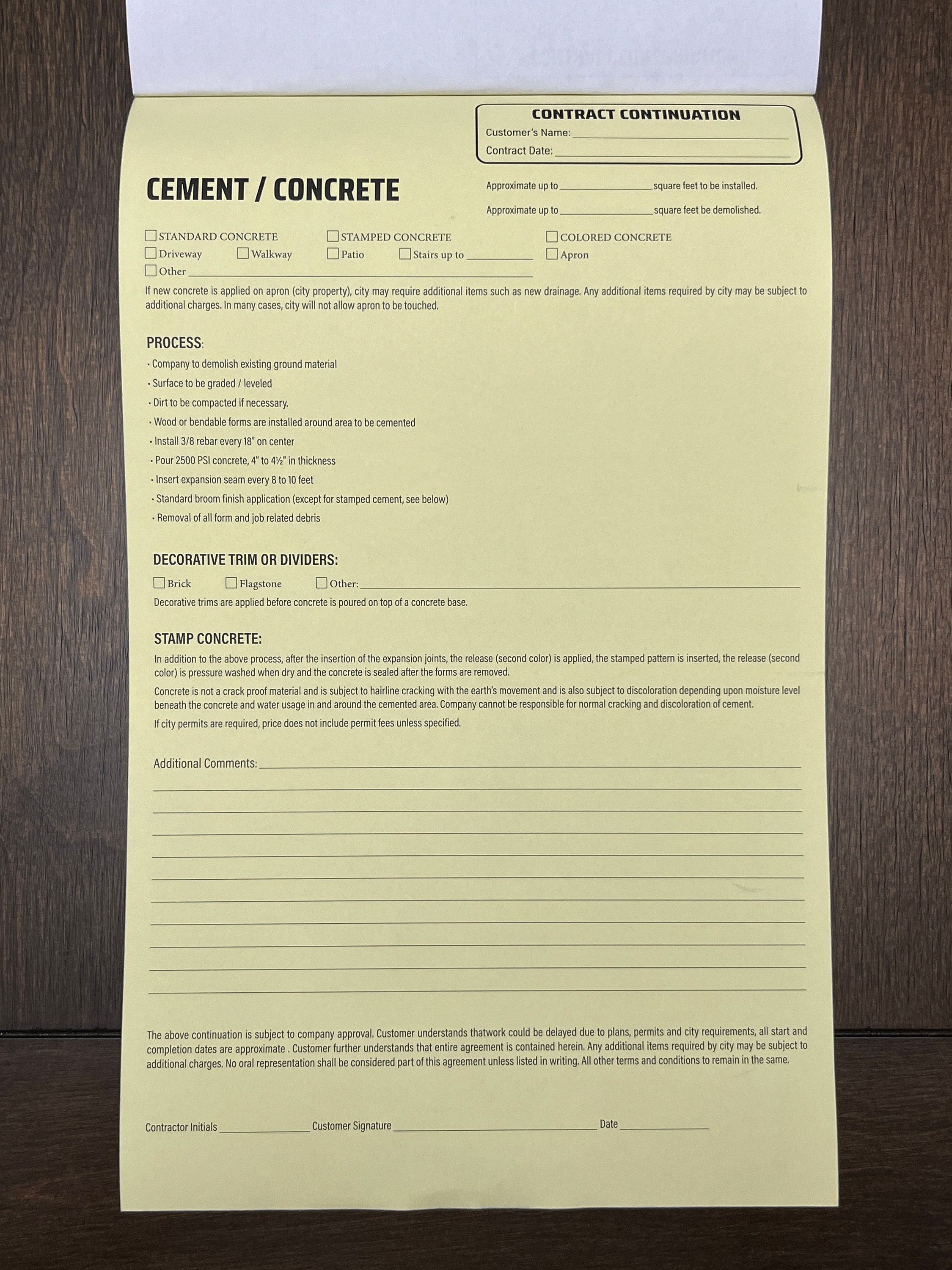 CEMENT/CONCRETE Addendum - NCR Form (pack of 10) - Etsy