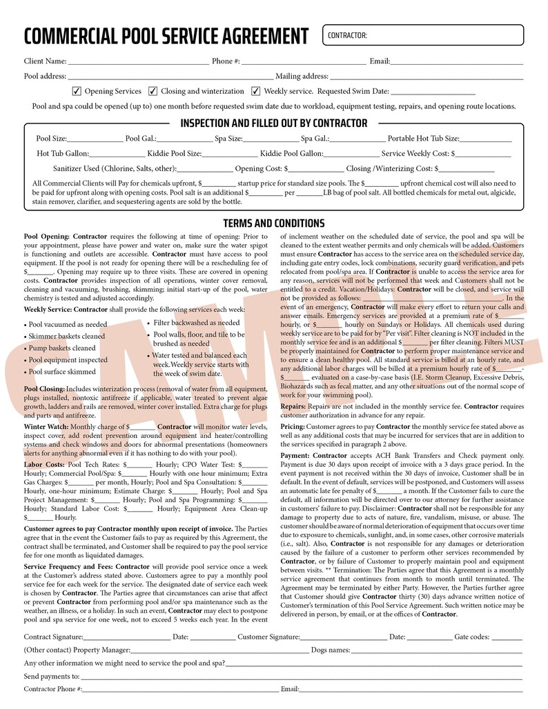 PDF Pool Service Agreement - Residential & Commercial - Etsy