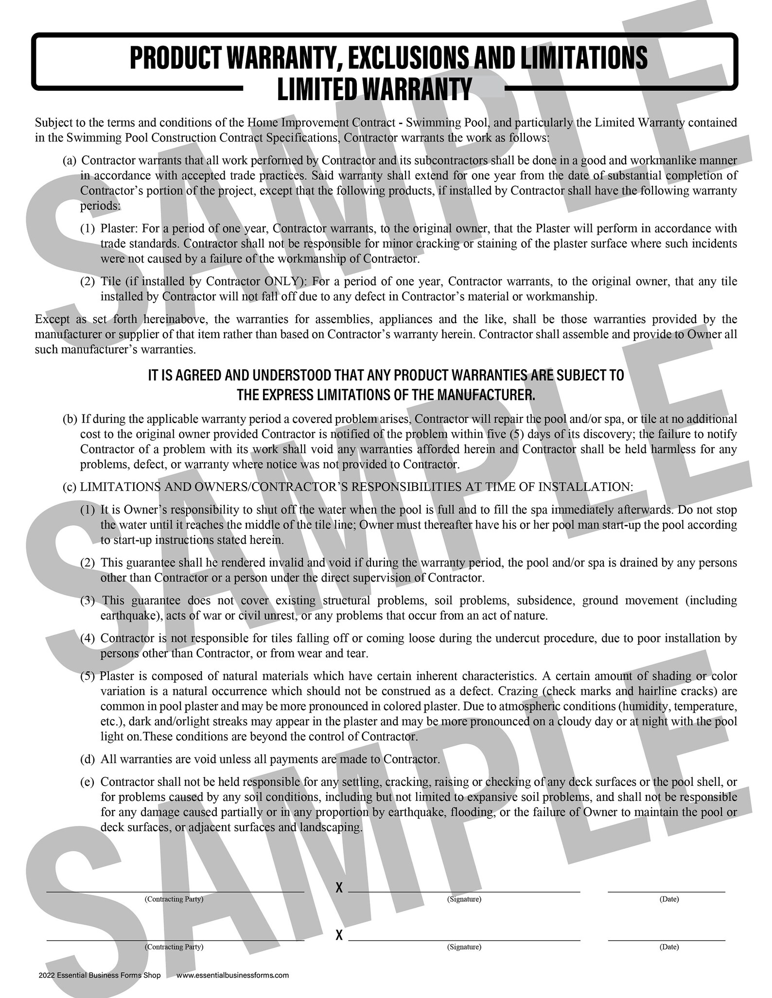 Fillable PDF Swimming Pool Construction Contract Specifications for ...