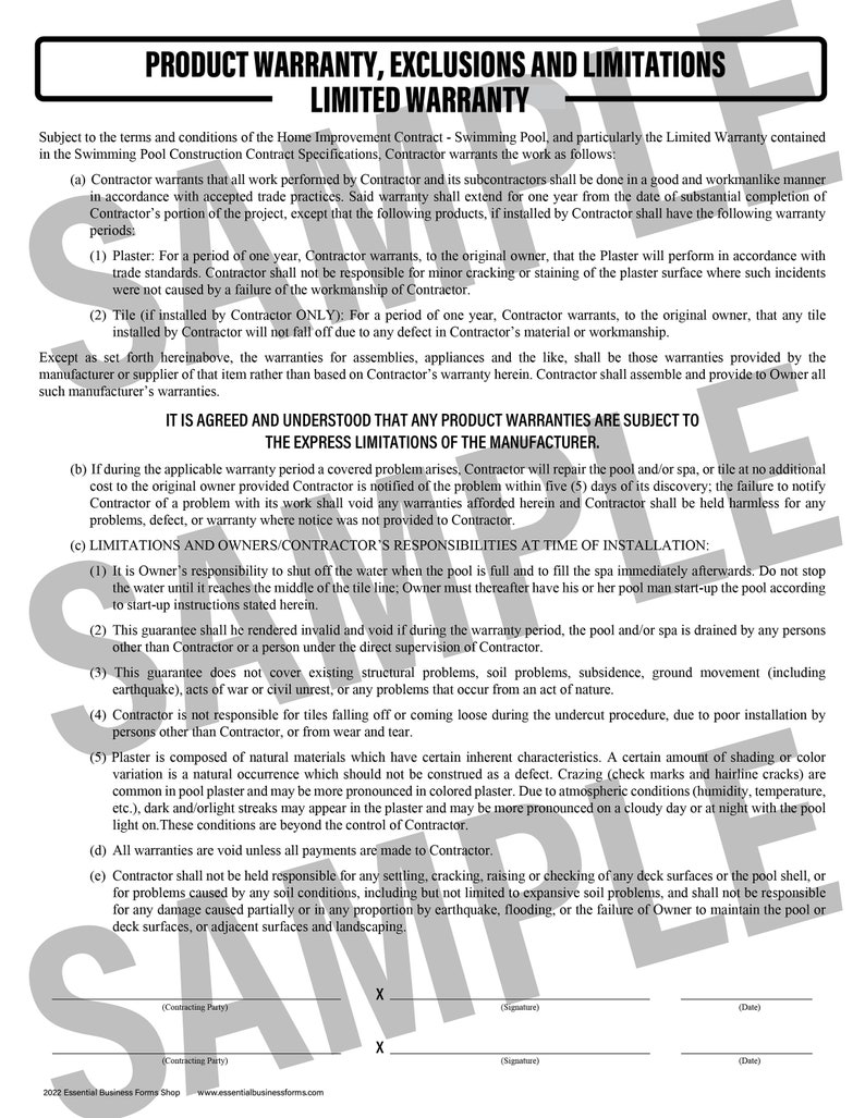 Fillable PDF Swimming Pool Construction Contract Specifications for ...