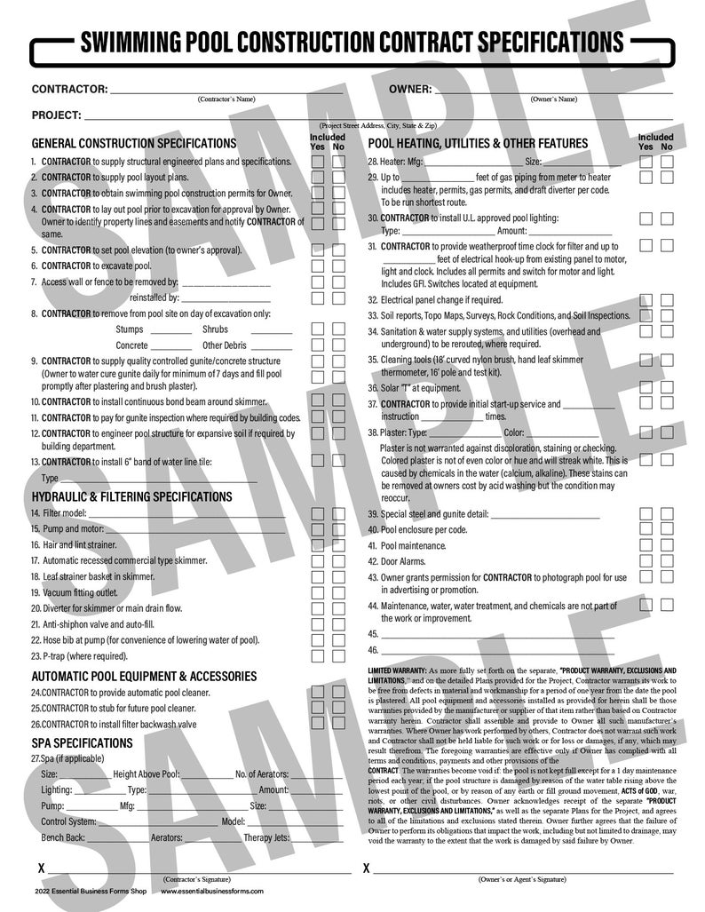 Fillable PDF Swimming Pool Construction Contract Pack for Remodeling ...
