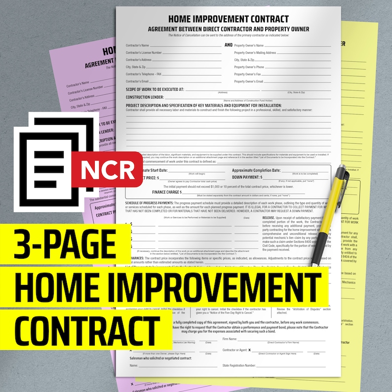 Home Improvement Contract - California 3-page Form - Carbonless NCR ...