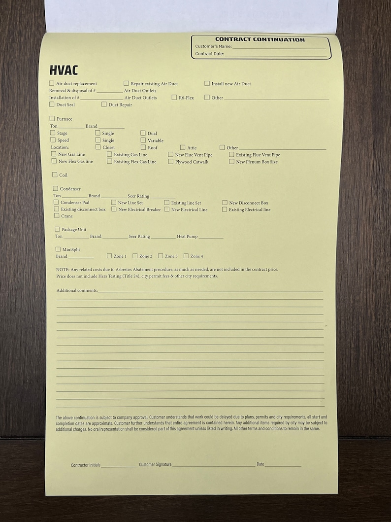 HVAC Addendum Contract Form - Carbonless NCR Paper for Home Remodeling ...