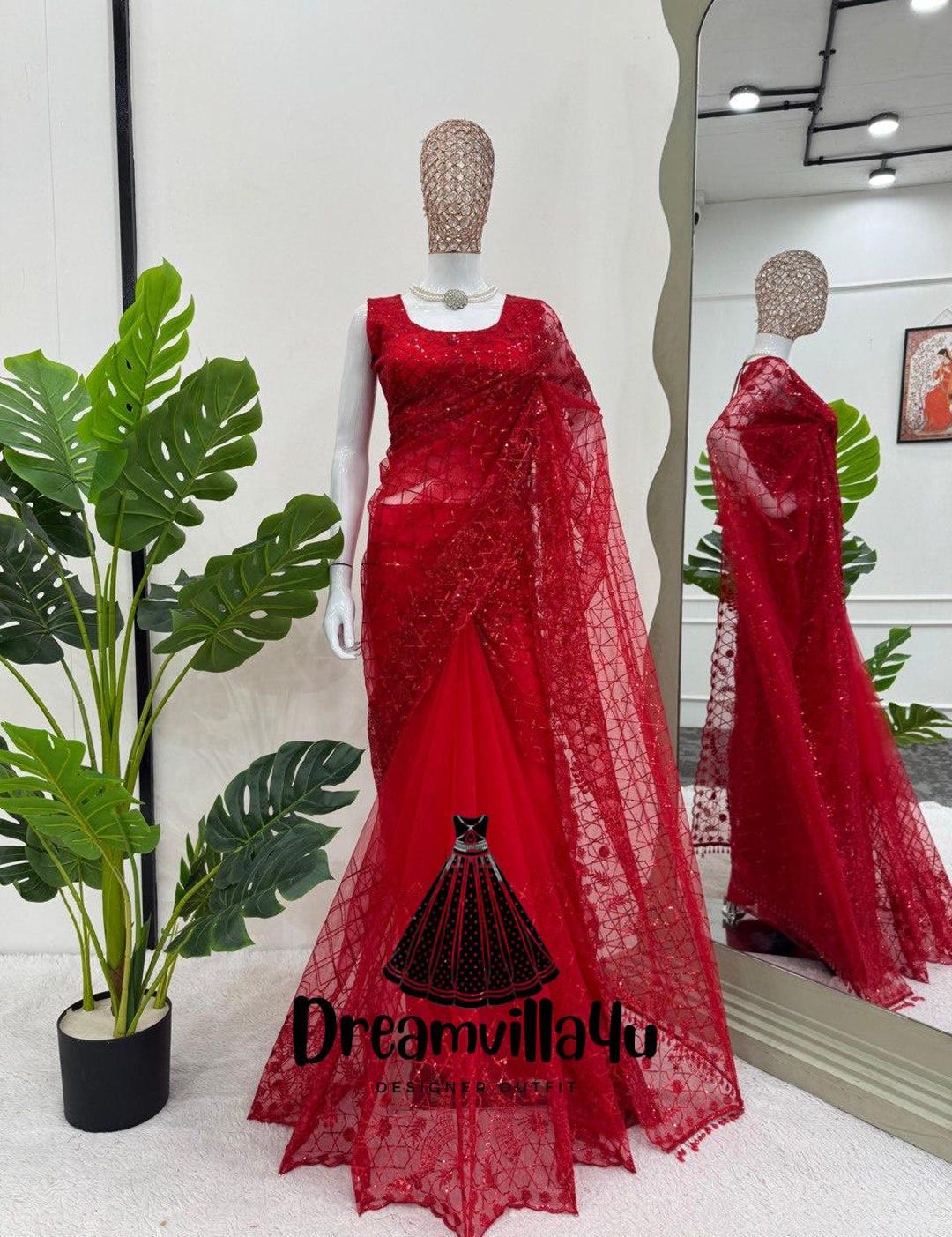 Exclusive Red Color Embroidery Work Soft Net Saree for Women, Bollywood ...