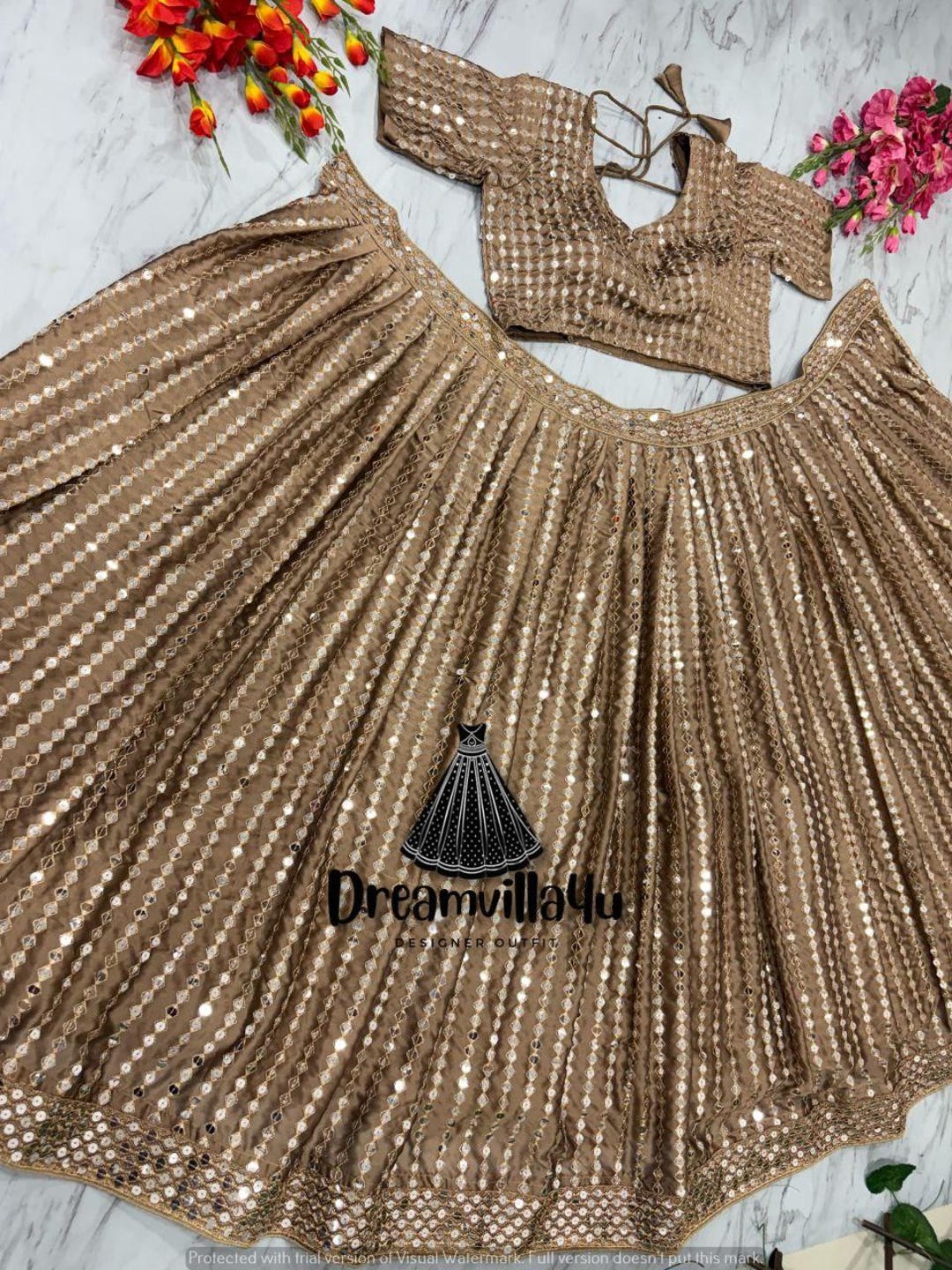 Gold Color Lehenga Choli Set | Thread & Sequence Embroidery | Fully Stitched Lehenga With ...