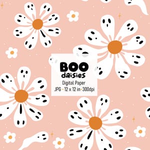 Halloween Daisy Digital Paper File, Halloween Floral Ghost Seamless ...