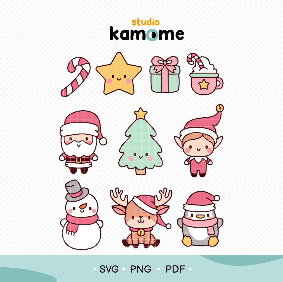 Kawaii Pastel Christmas Cute Bundle SVG, Santa Elf Snowman Clipart ...