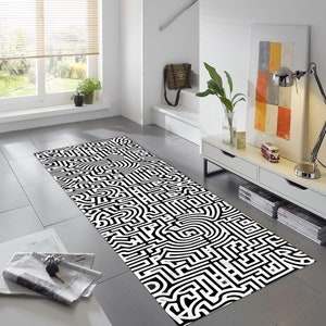 Black White Runner, Maze Runner Rug, Gift Hallway Rug, Long Rug, Hotel ...