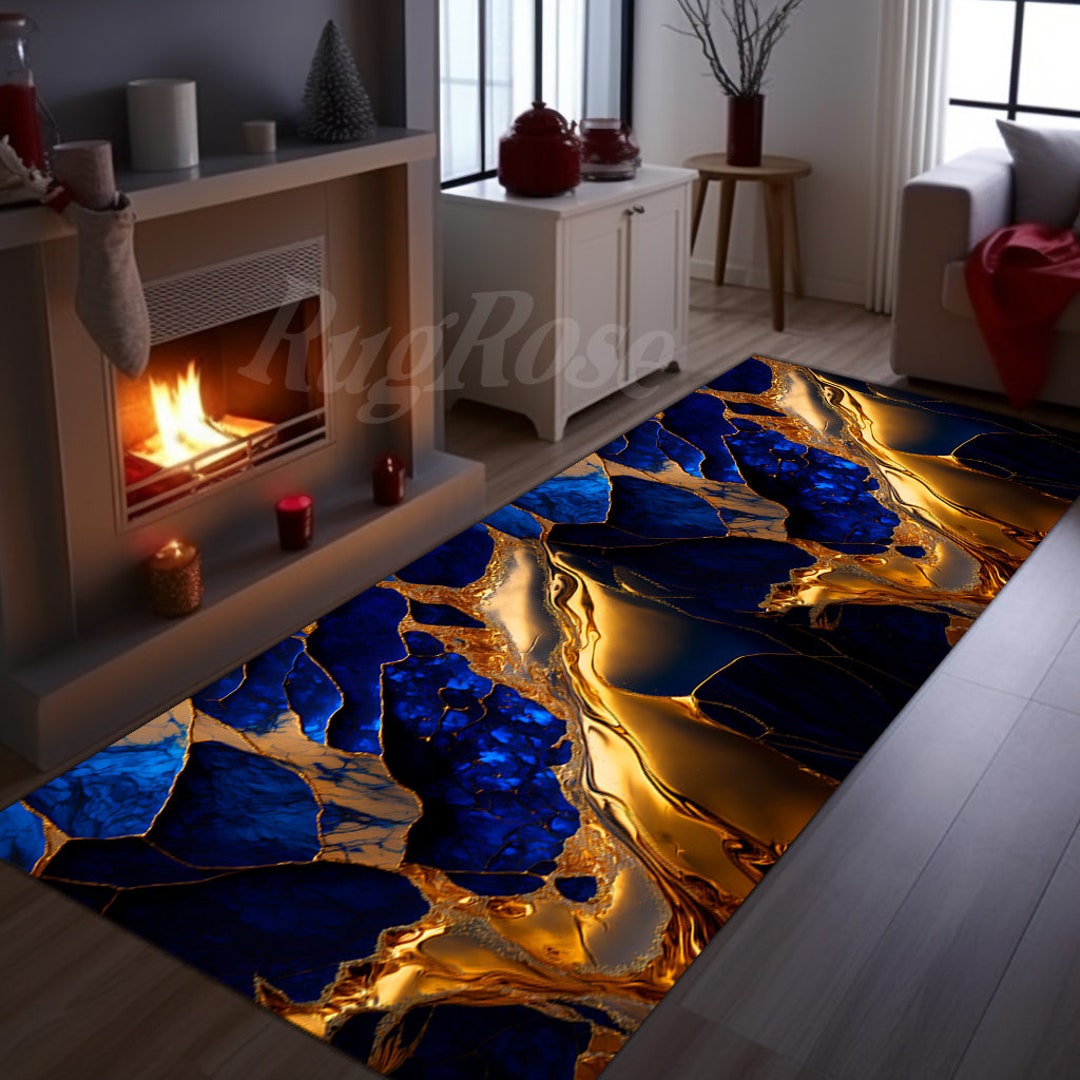 Blue and Gold Marble Rug, Modern Hallway Runner - Etsy