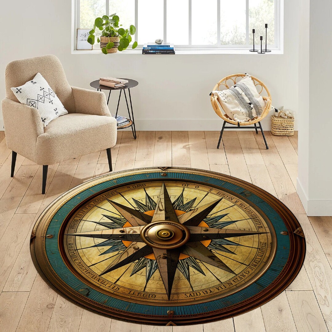 Compass Rug, Round Compass Rug, Medallion Rug, Round Decor Rug, Gift ...