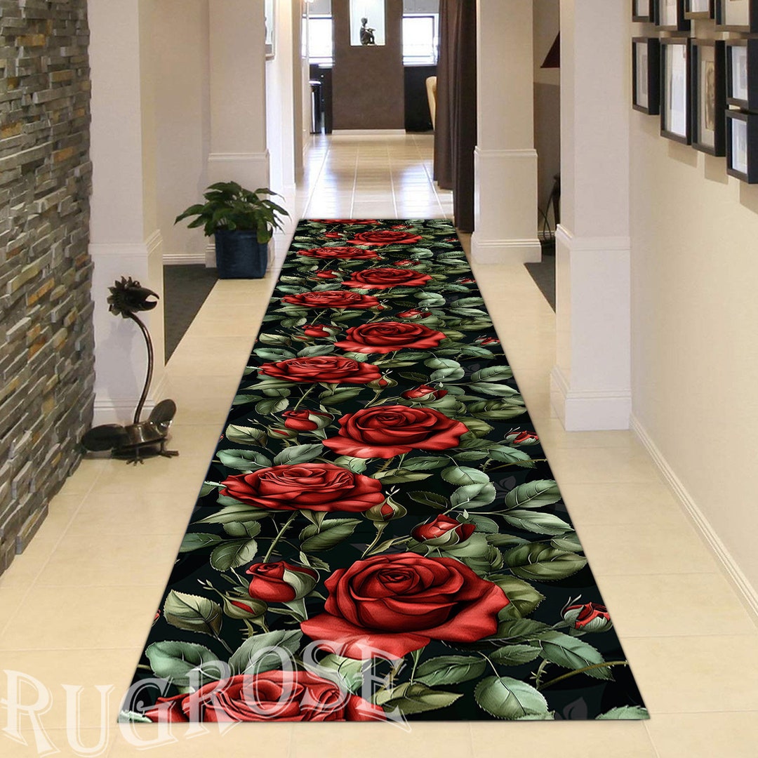 Red Roses, Red Roses Rug, Red Roses Runner Rug, Roses Long Rug, Hallway ...