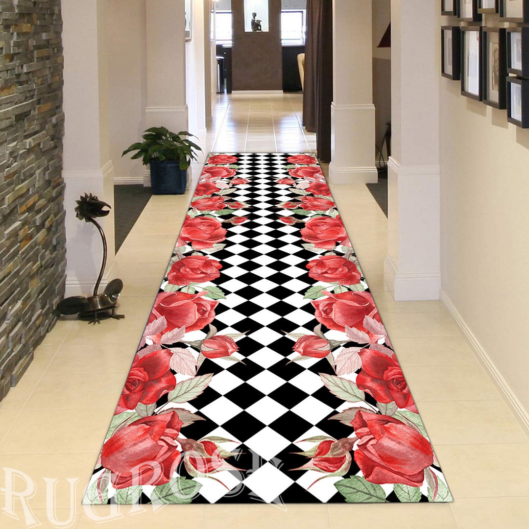 Red Rose Rug, Modern Floral Rug, Rose Runner Rug, Black Striped Runner ...