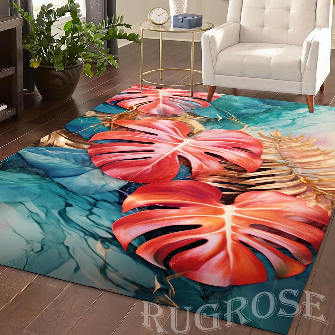 Leaf Pattern Rug, Pink Leaves Rug, Marble Rug, Marble Design Rug, Big ...