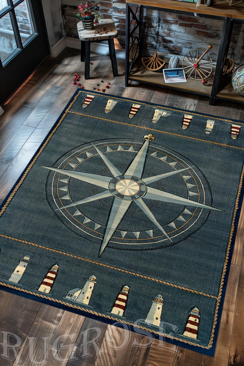 Nautical Compass Area Rug, Lighthouse Border, Coastal Decor - Etsy