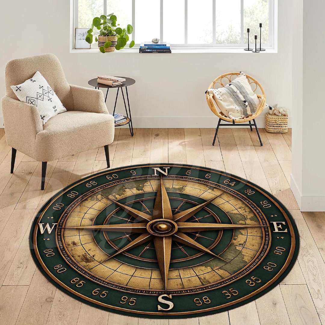Nautical Compass Round Rug, Medallion Design, Living Room Decor - Etsy