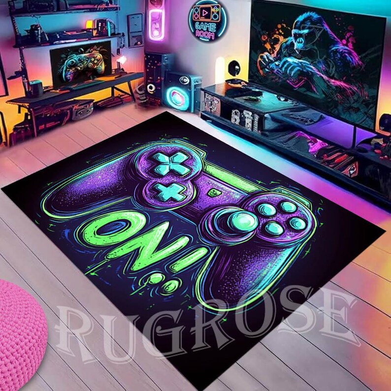 Neon Game Controller Rug, Gamer Room Decor - Etsy