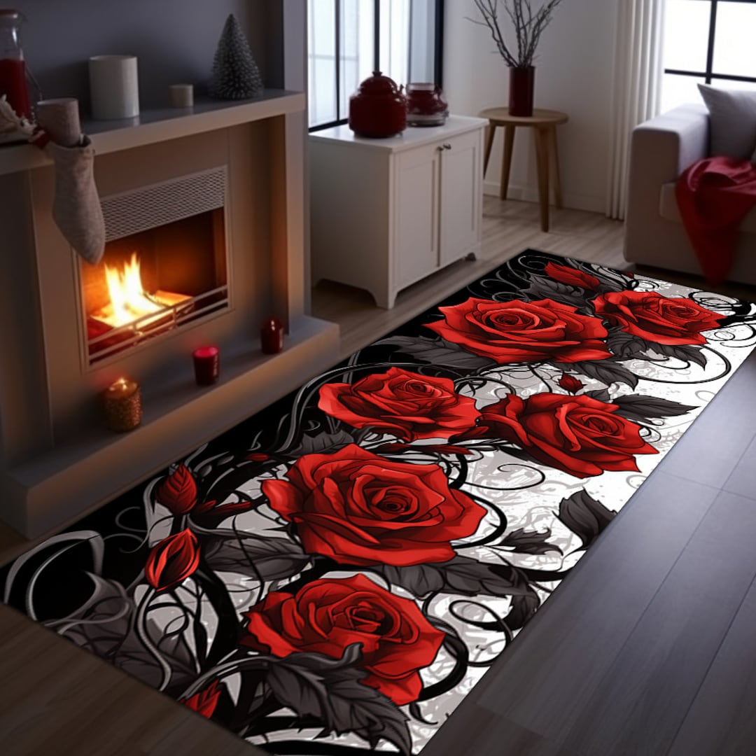 Red Roses, Black and Red Roses, Roses Runner Rug, Roses Long Rug ...