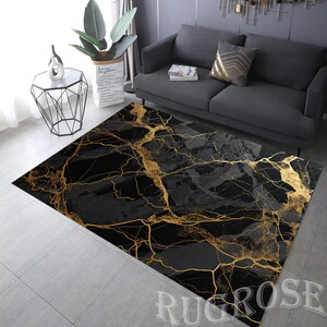 Marble Design Rug,black Gold Marble Rug,marble Effect Rug,marble Themed ...