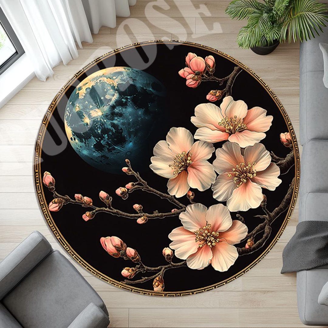 Cherry Blossom Rug,round Cherry Blossom Rug,moon Decor Rug, Moon and ...