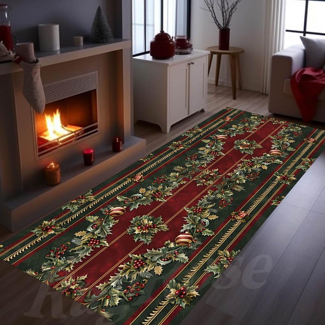 Christmas Runner Rug, Poinsettia Rug,christmas Rug, Christmas Area Rug ...