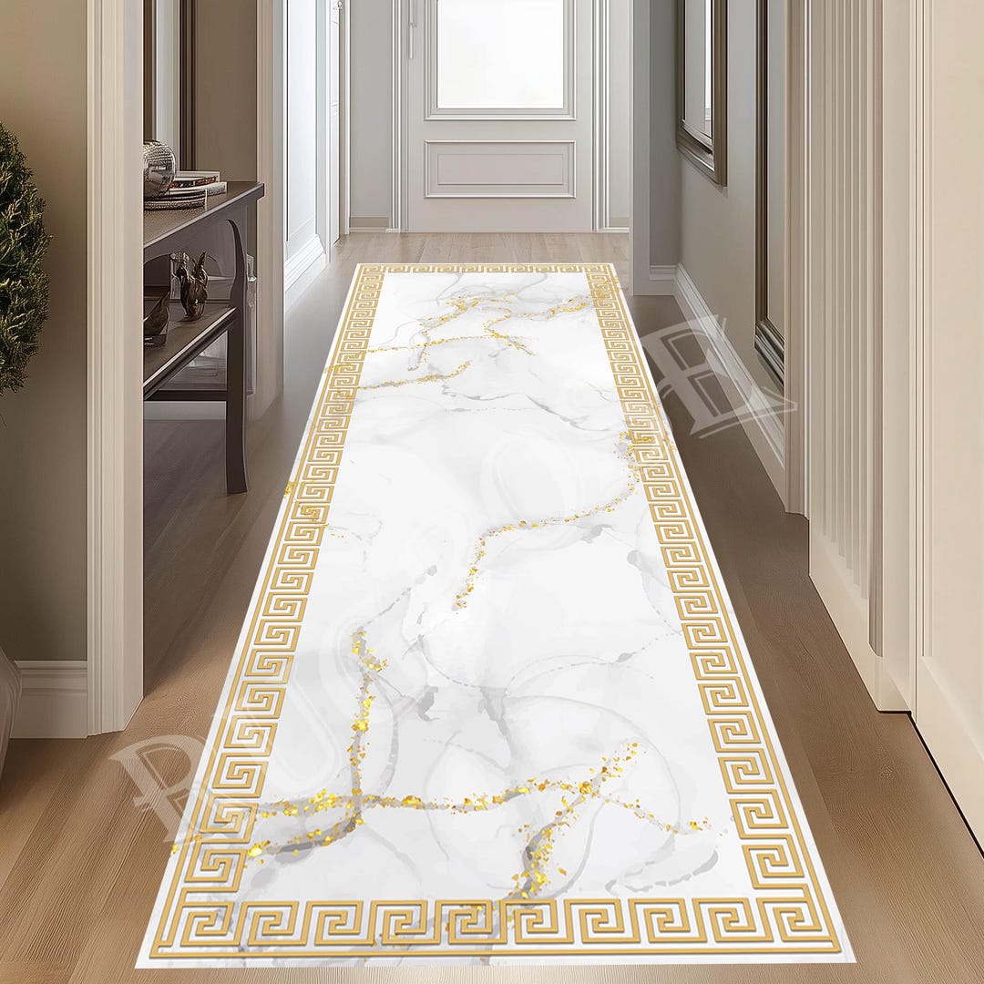 White and Gold Rug, Marble Runner Rug, Entry Rug, Anti Slip Runner Rug ...