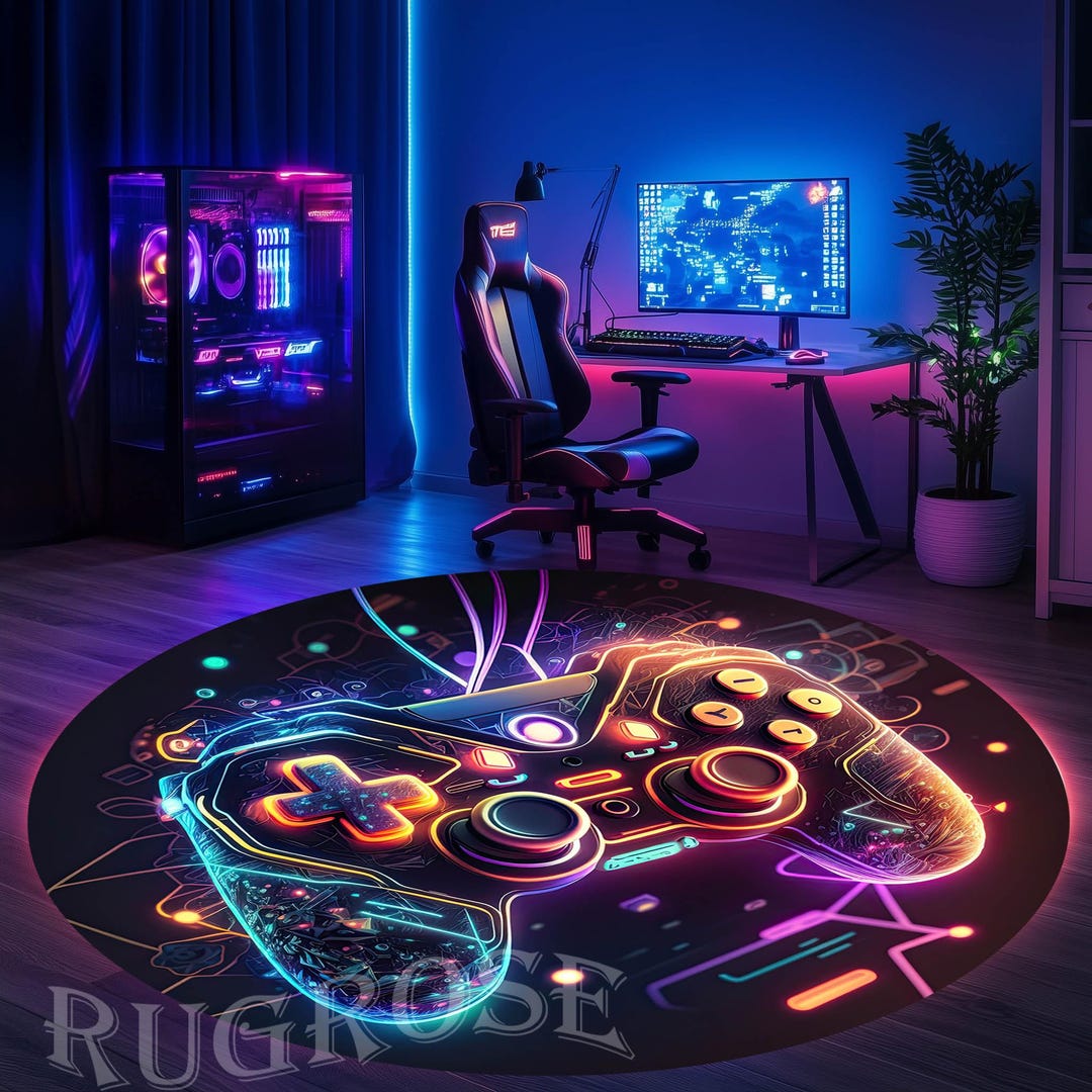 Neon Game Controller Rug, Round Gamer Room Decor - Etsy
