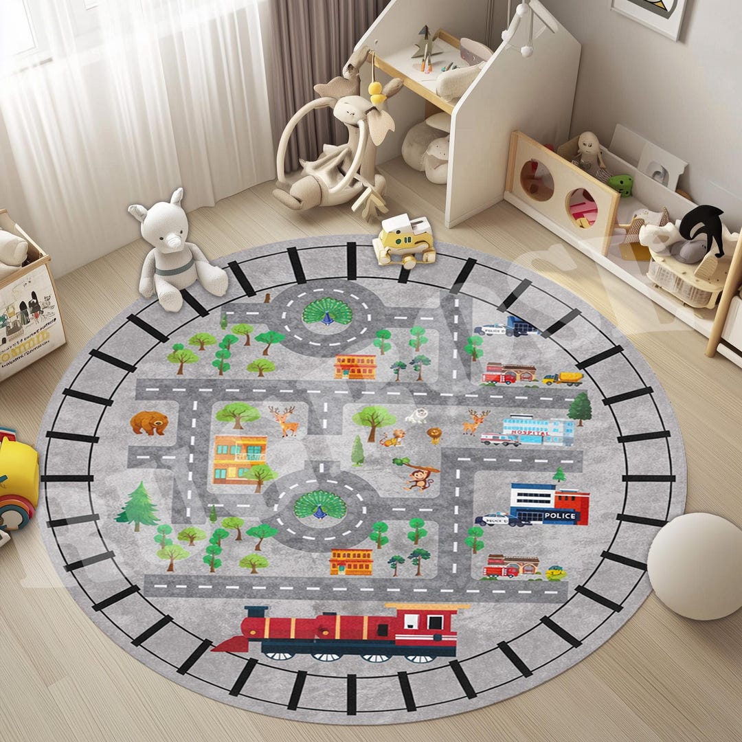 Train Tracks Kids Rug, Round Play Mat, Game Room Decor - Etsy