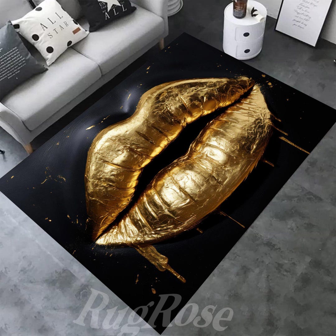 Lips Pattern Rug, Gold Lips Pattern Rug, Golden Lips Rug, 3D Lips Area ...