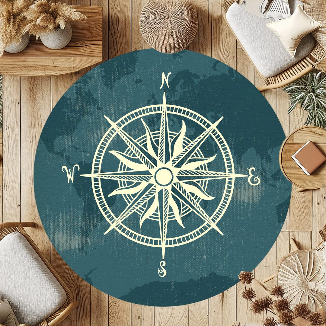 Blue Compass Rug, Round Compass Rug,medallion Rug, Round Decor Rug,gift ...