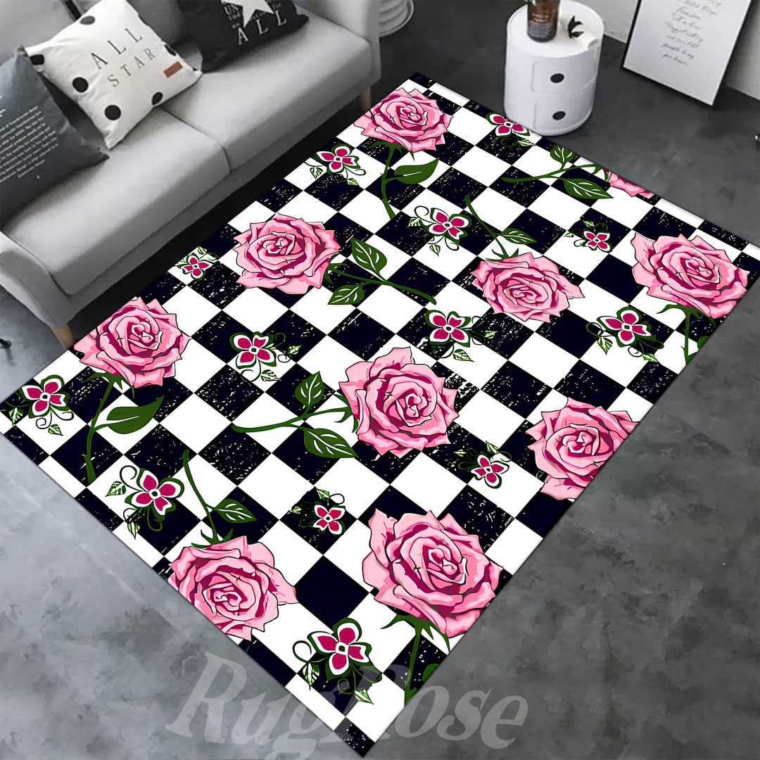 Pink Rose Rug, Modern Floral Rug, Square Pattern Rug, Black Striped Rug ...