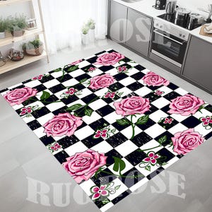 Pink Rose Rug, Modern Floral Rug, Square Pattern Rug, Black Striped Rug ...