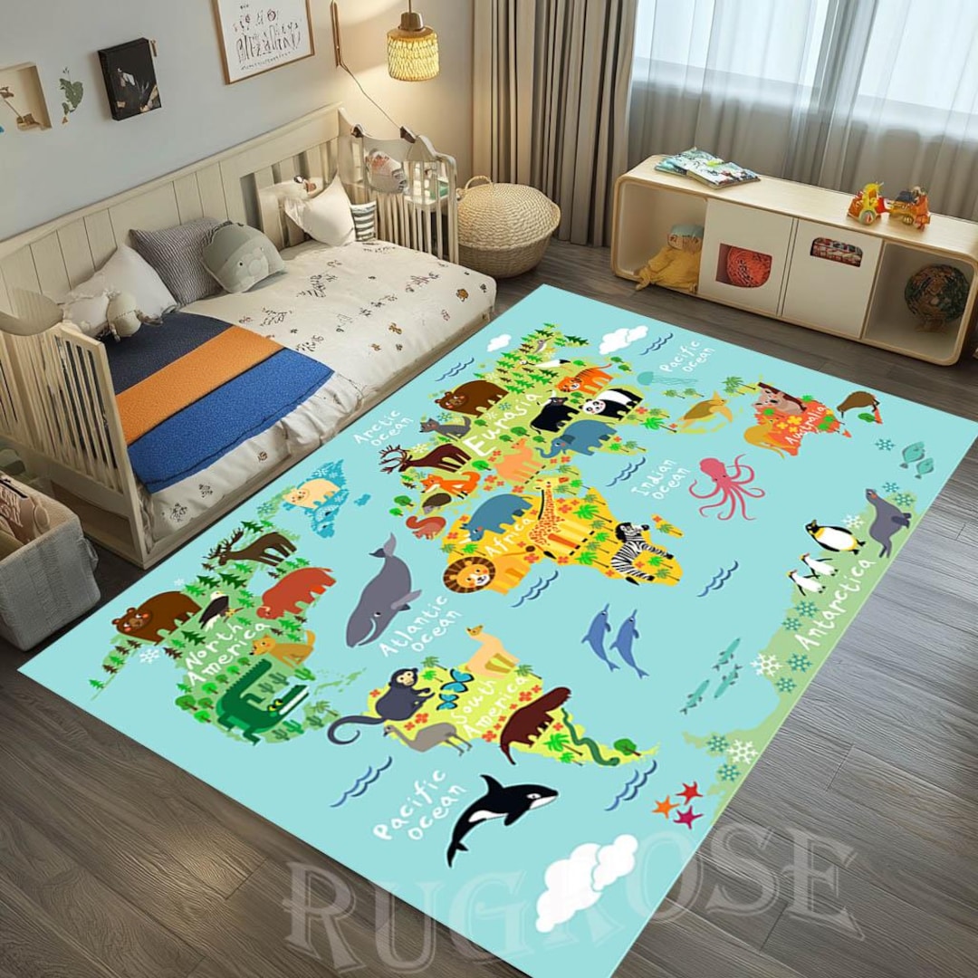 Animal World Map, World Map Rug, for Kids Room Rug, Kindergarten ...