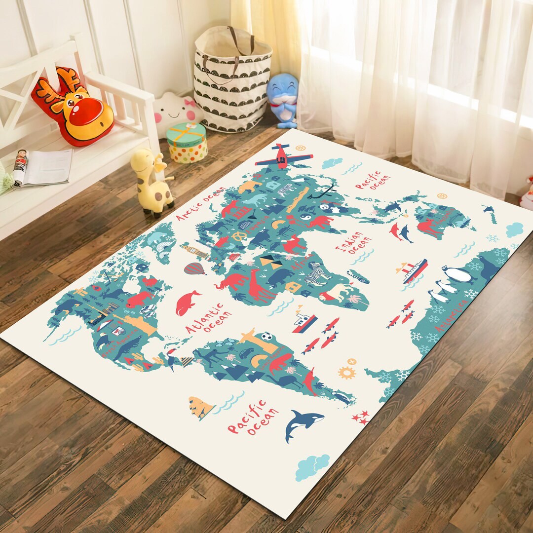 Animal World Map World Map Rug for Kids Room Rug - Etsy
