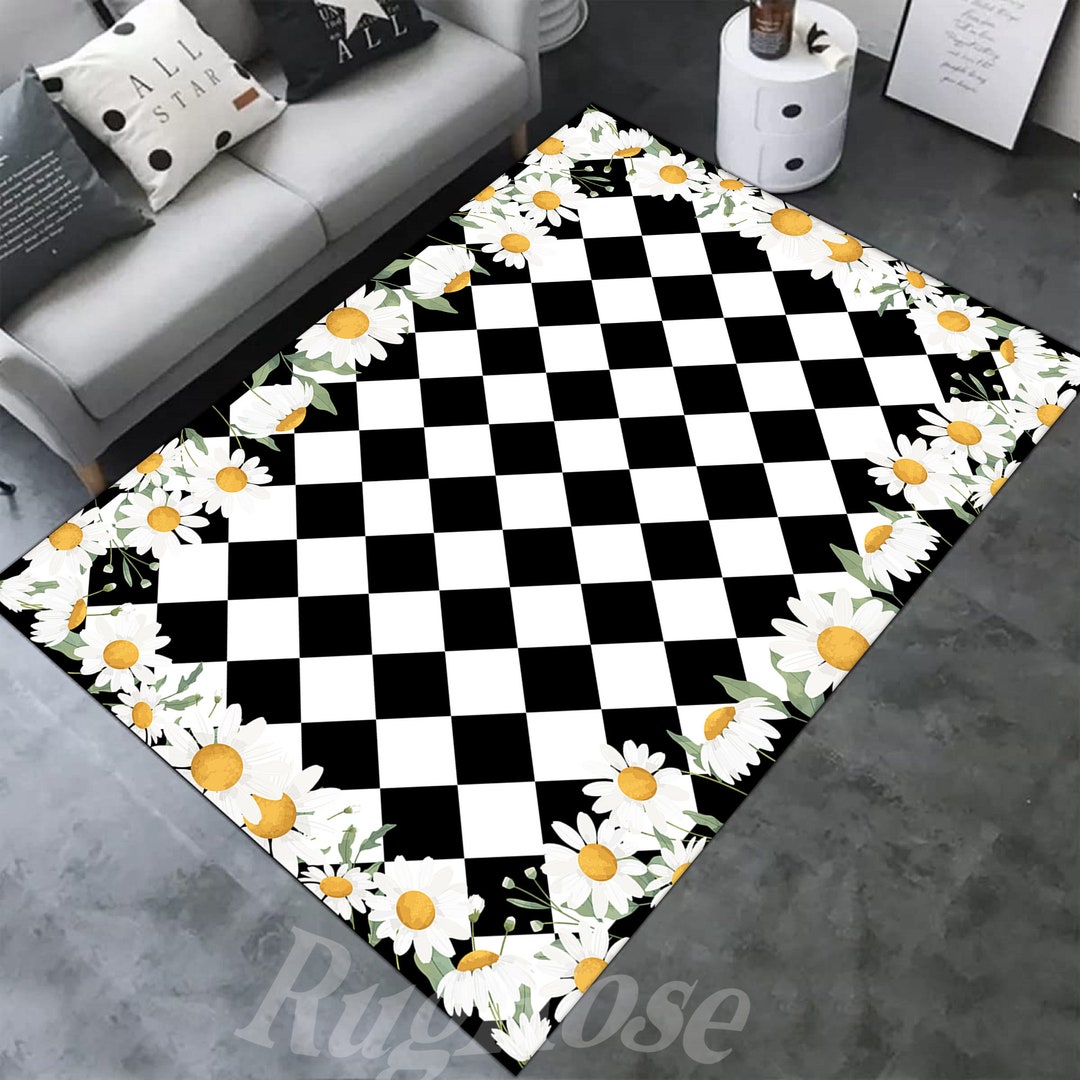 Daisy Rug, Modern Floral Rug, Square Pattern Rug, Black Striped Rug ...