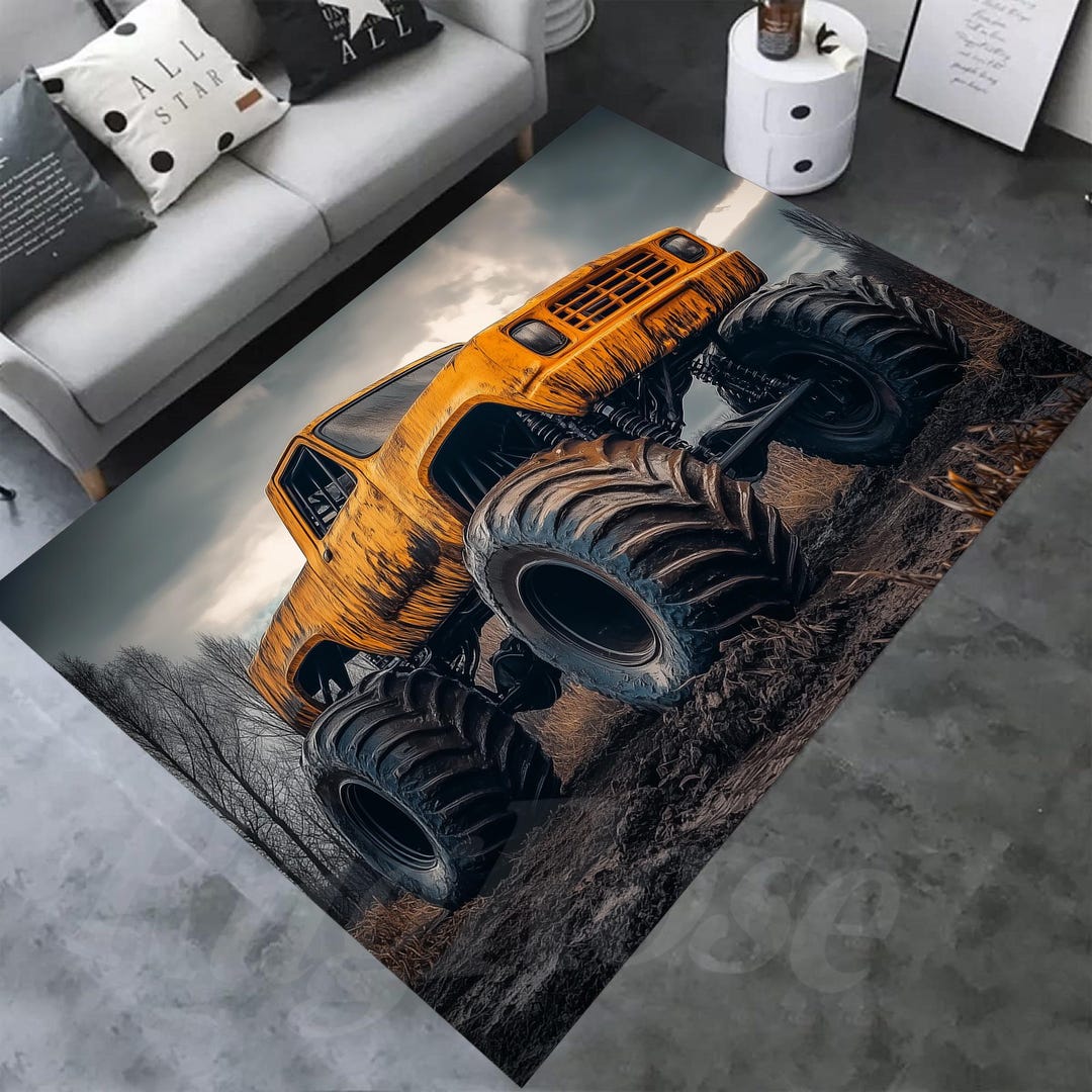 Monster Truck Rug, Racing Car Rug, Kids Room Rug, Jumping Monster Truck ...