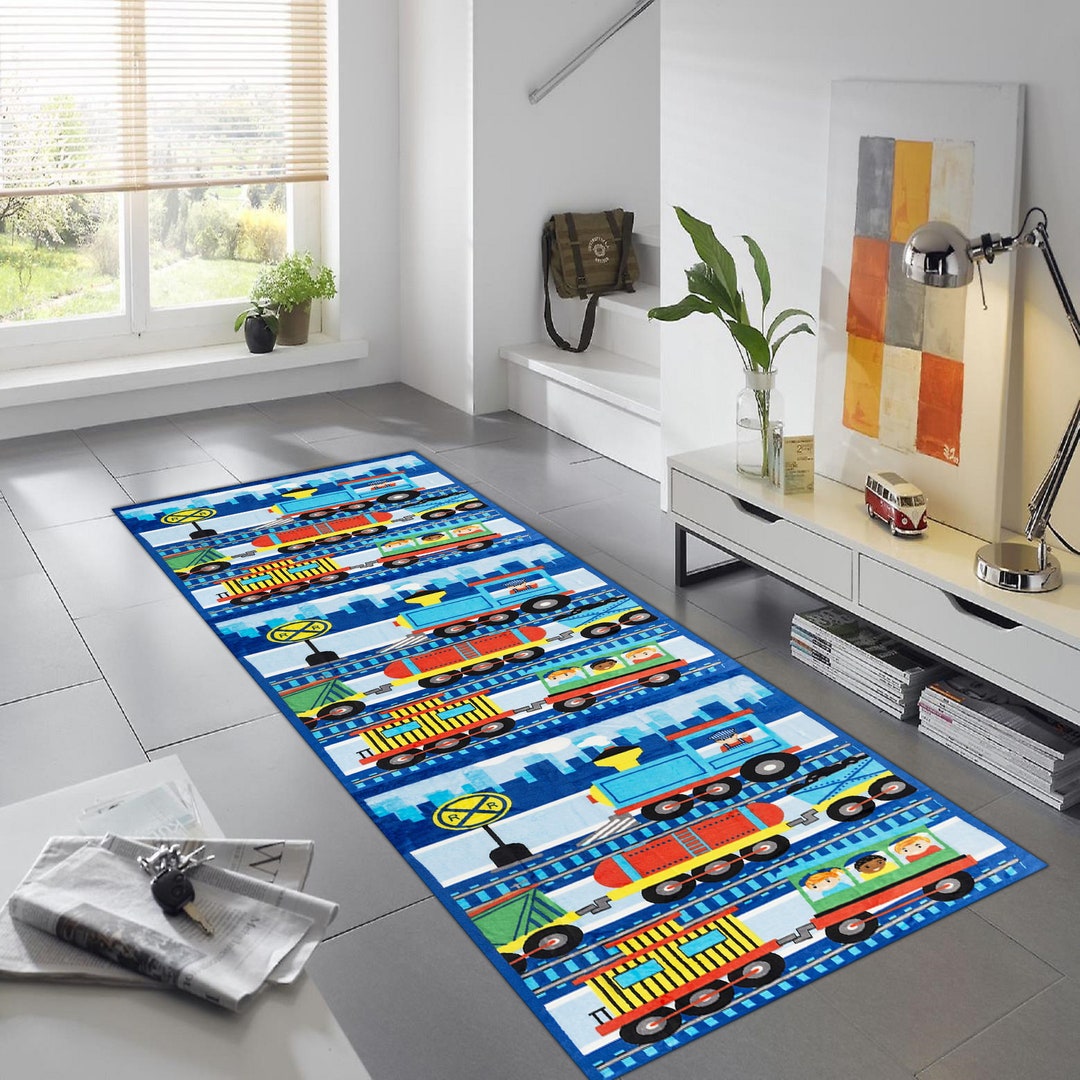 Train Rug, Train Runner Rug, Cute Train Rug, Train Track Rug, Train ...