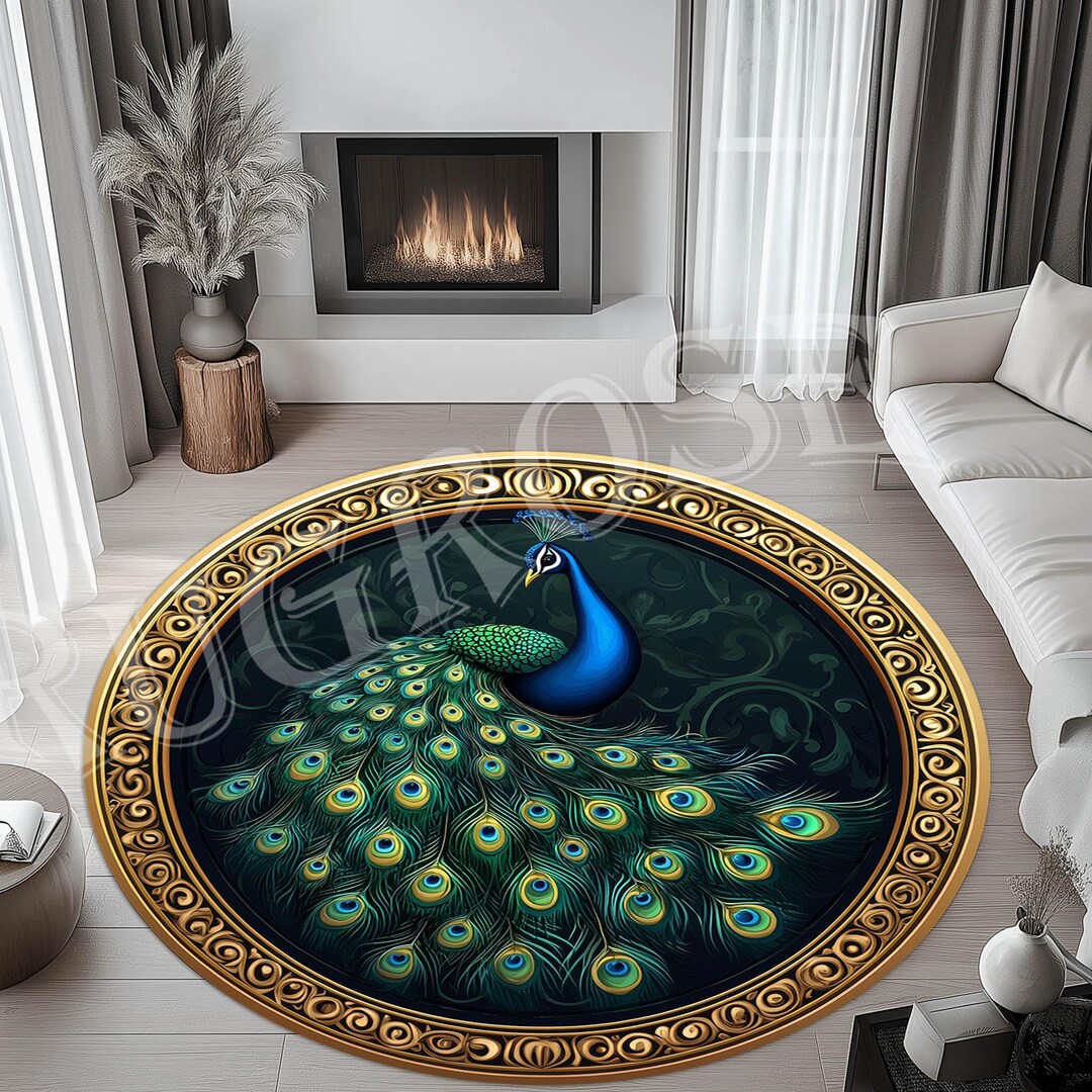 Peacock Rug, Round Peacock Rug, Peacock Design Rug, Peacock Area Rug ...