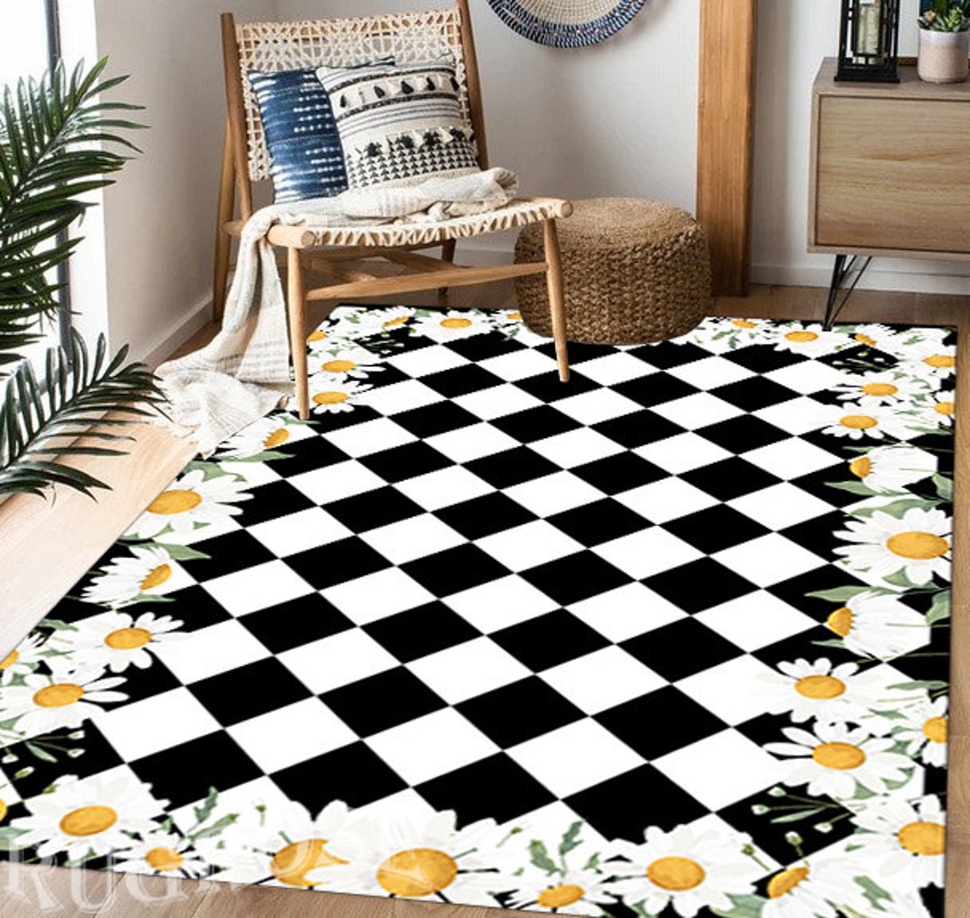 Daisy Rug, Modern Floral Rug, Square Pattern Rug, Black Striped Rug ...
